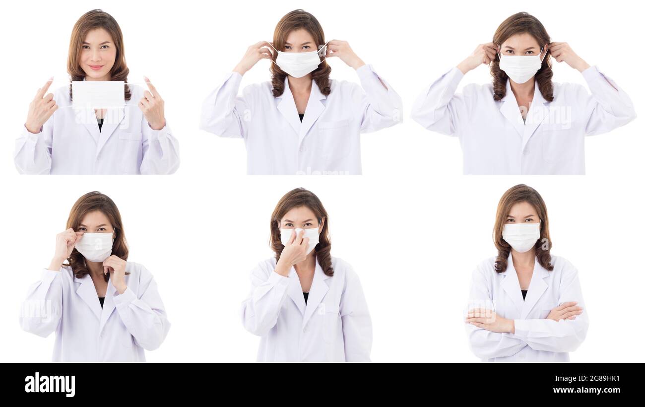 Set of photos pretty beautiful Asian woman in doctor gown or lab coat ...