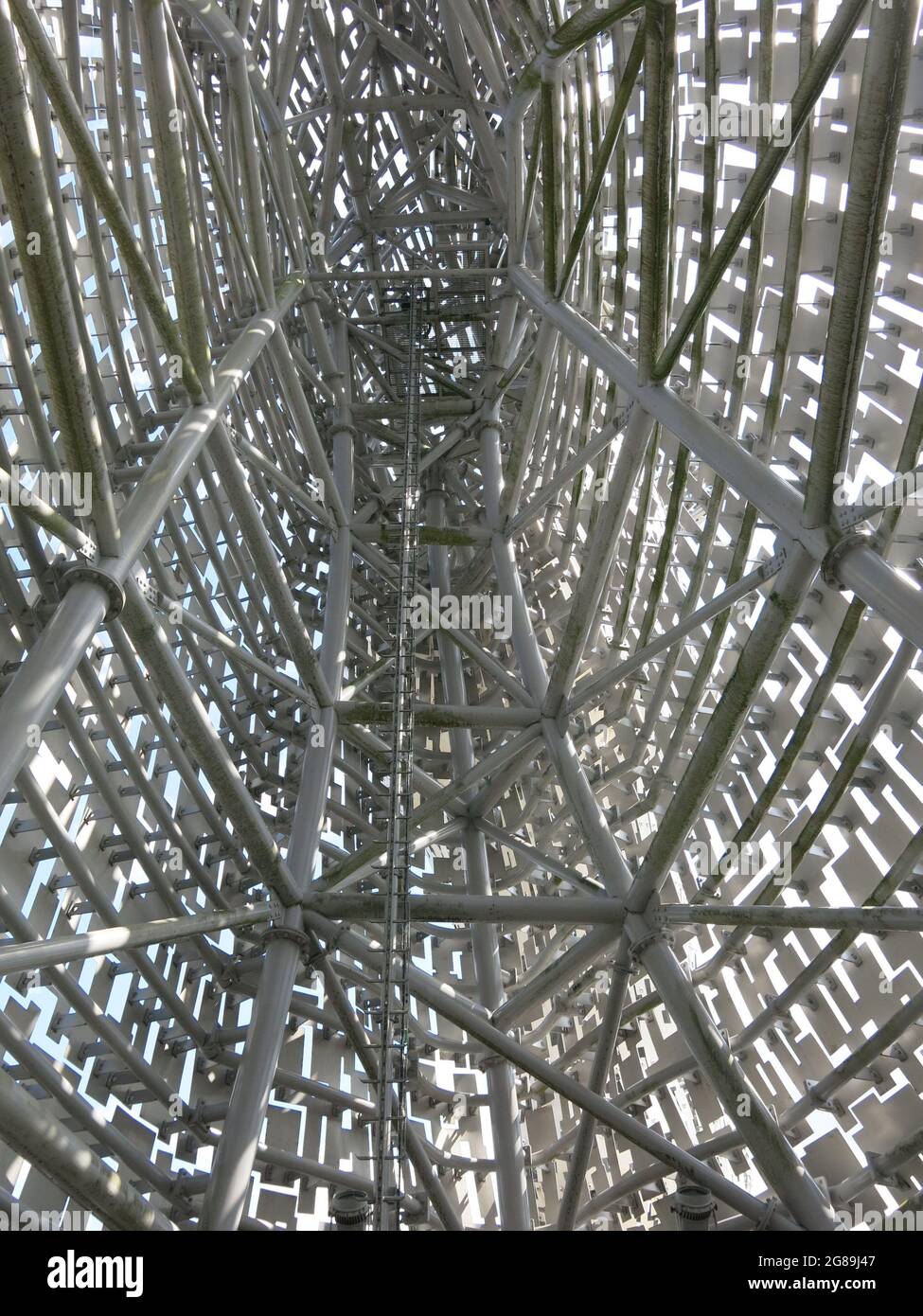 Inside the stainless steel structure of The Kelpies, looking up its 30m ...