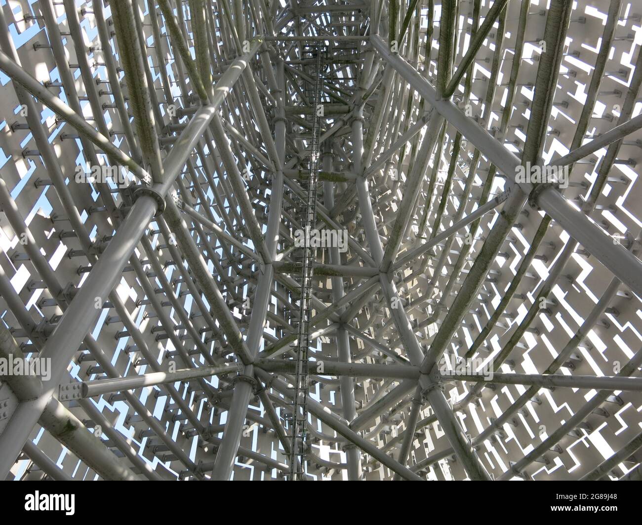 Inside the stainless steel structure of The Kelpies, looking up its 30m ...