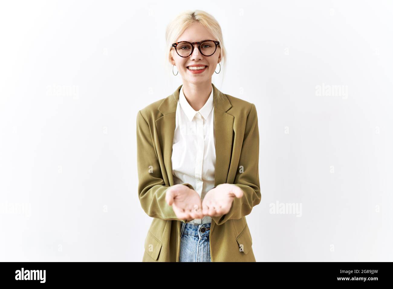 Beautiful caucasian business woman standing over isolated background ...