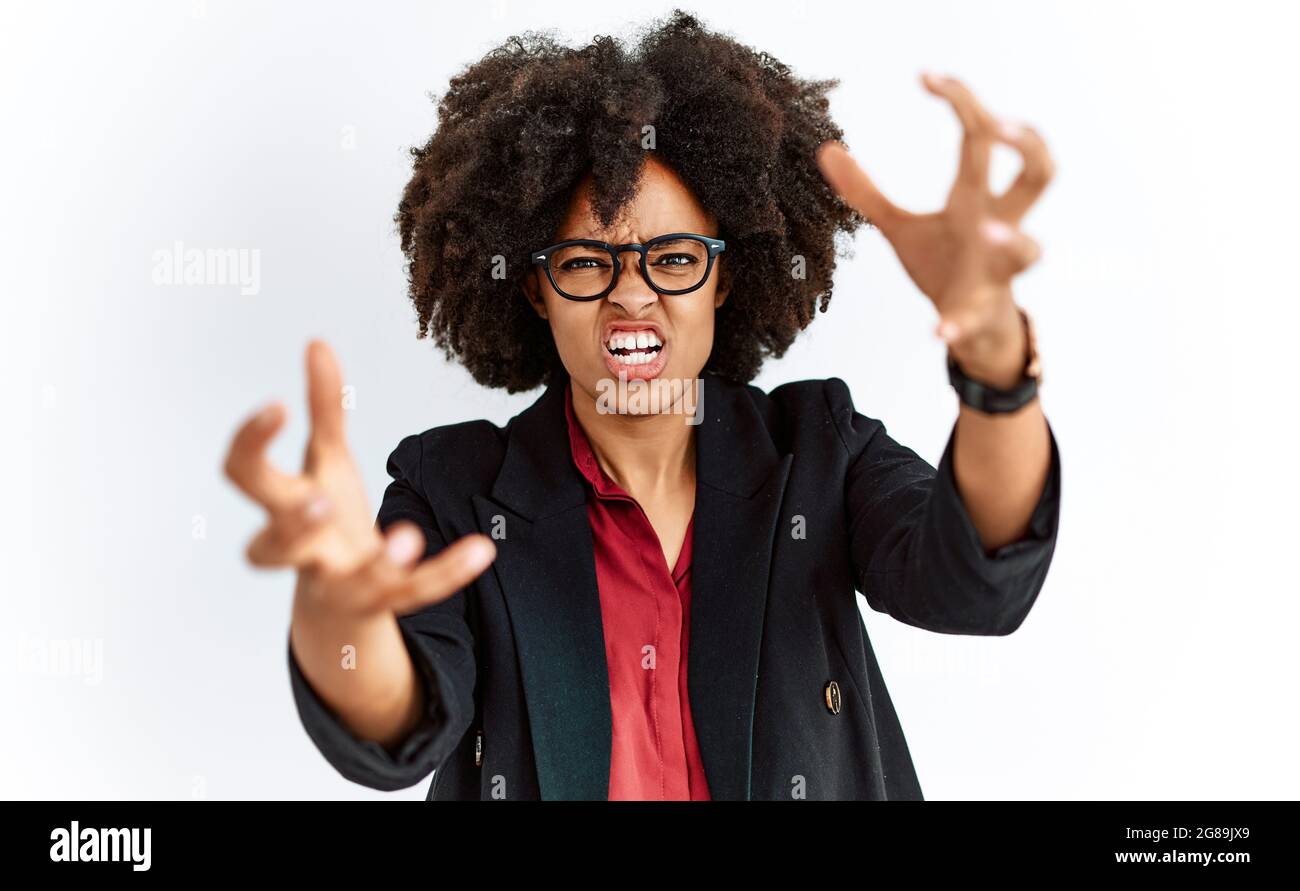 African american woman with afro hair wearing business jacket and ...