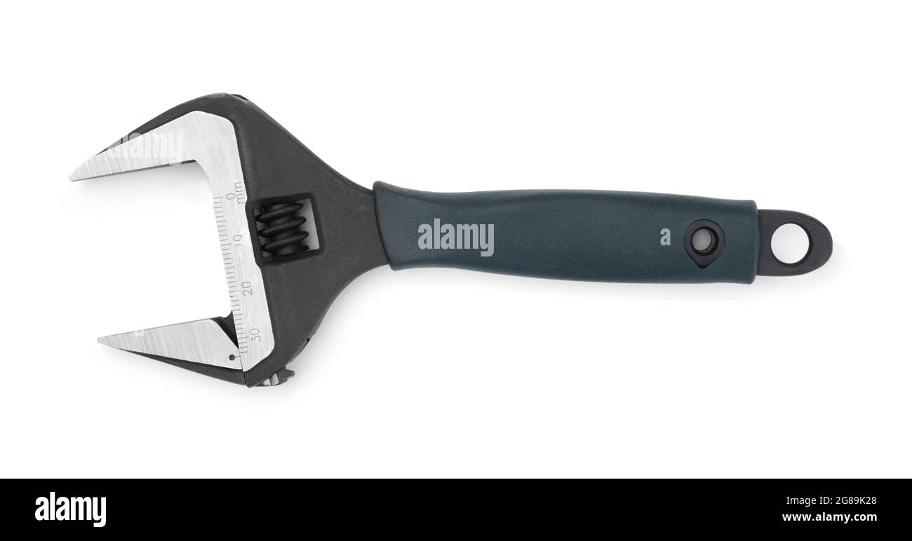Steel adjustable wrench isolated on white. Top view Stock Photo - Alamy
