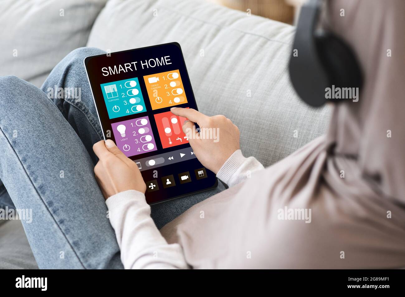 Smart home tech interface on tablet app, augmented reality, internet of ...