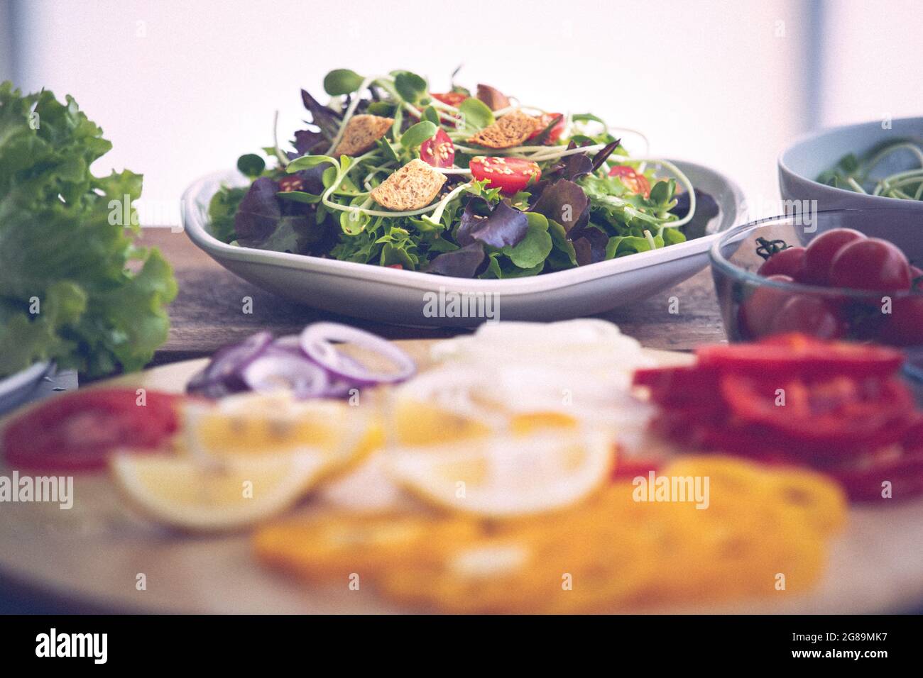 Mix vegetables and crunchy bread salad preparing ready to serve, vegan ...