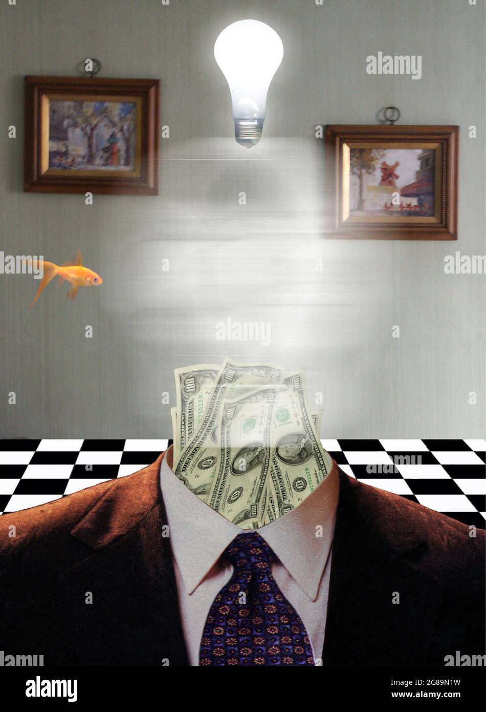 Surreal symbolic composition. Dollar banknotes in business suit. Golden ...