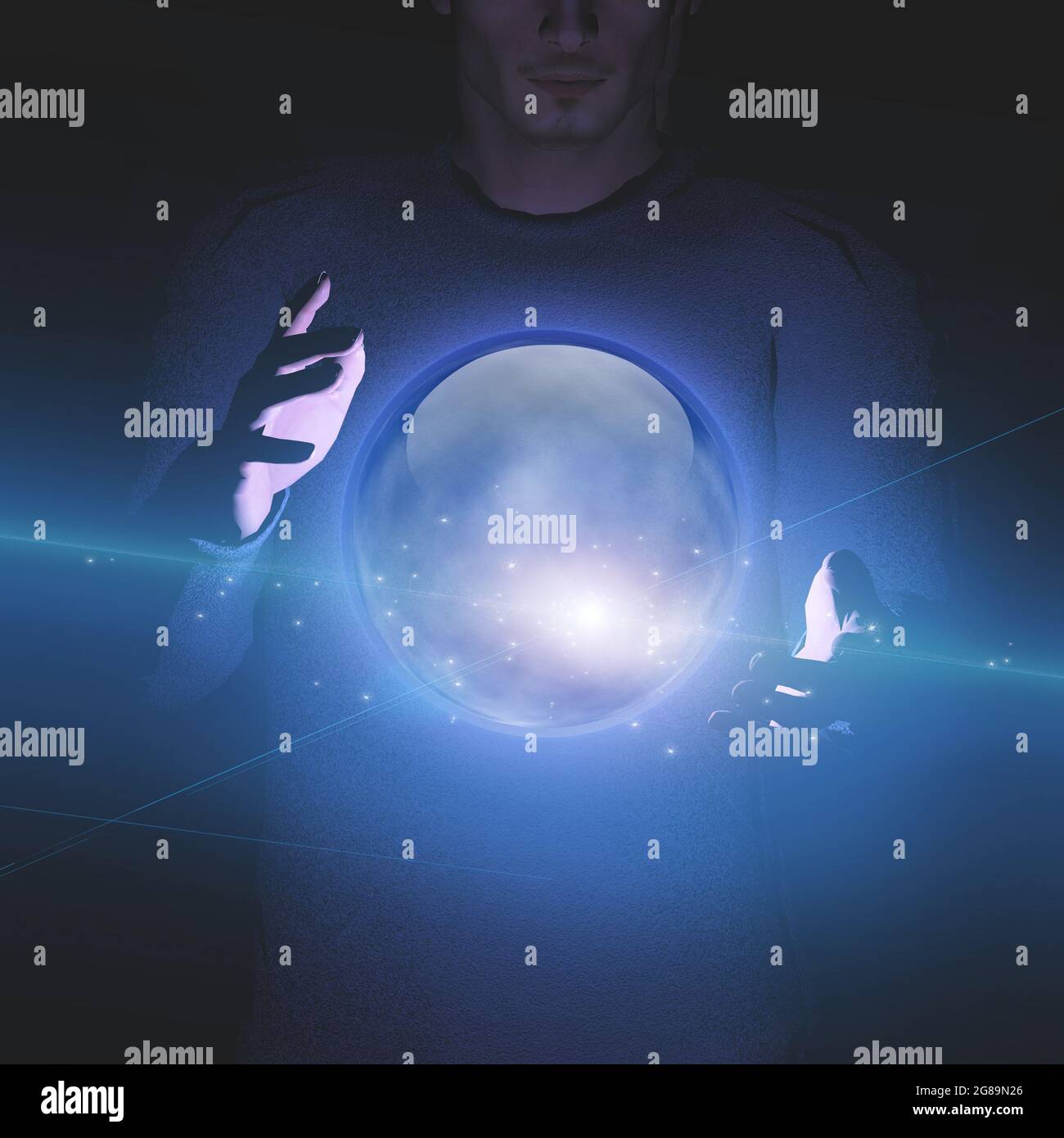 Man holds energy sphere between his hands. 3D rendering Stock Photo - Alamy