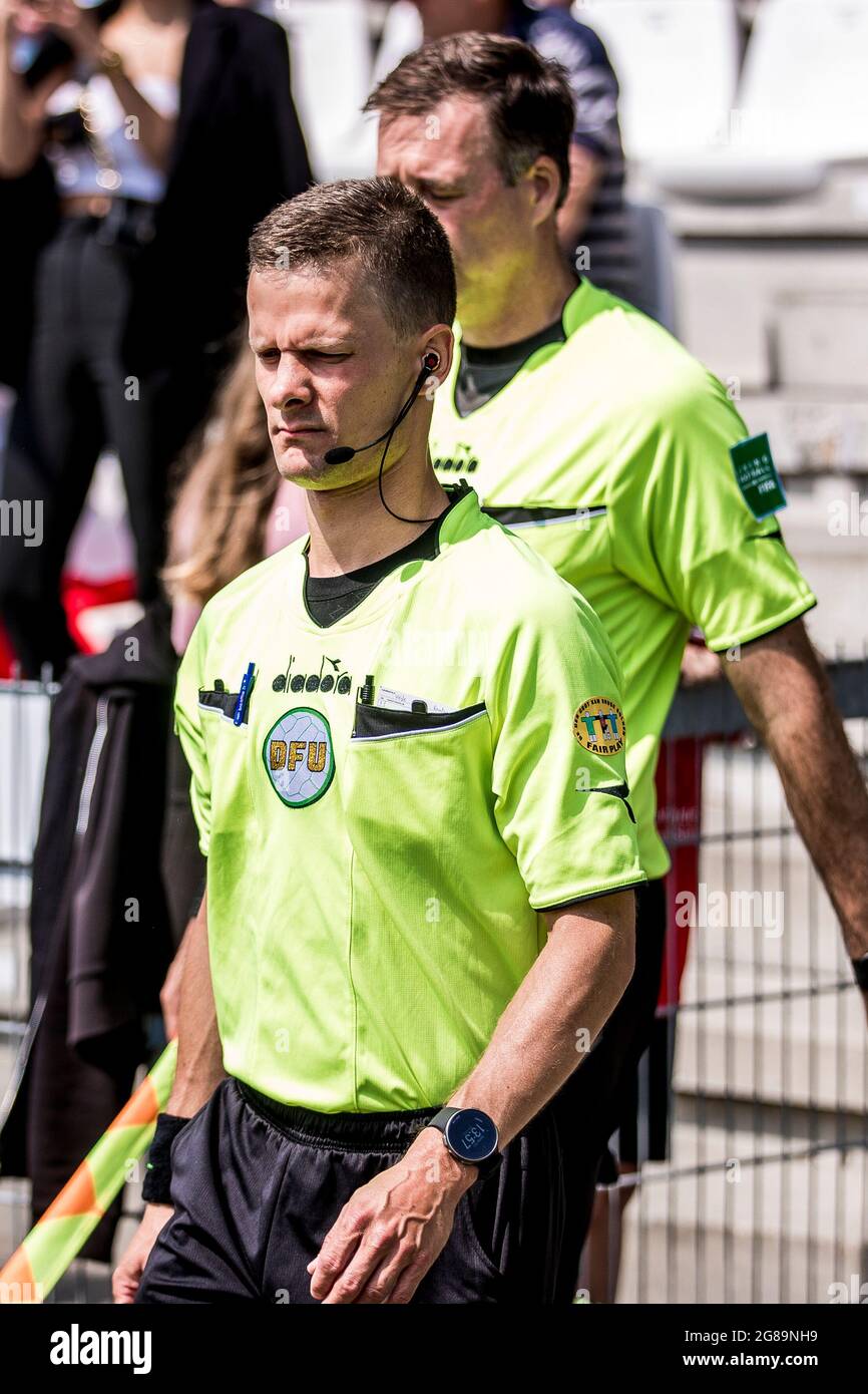 Vejle, Denmark. 18th July, 2021. Referee Jonas Hansen enters the pitch ...