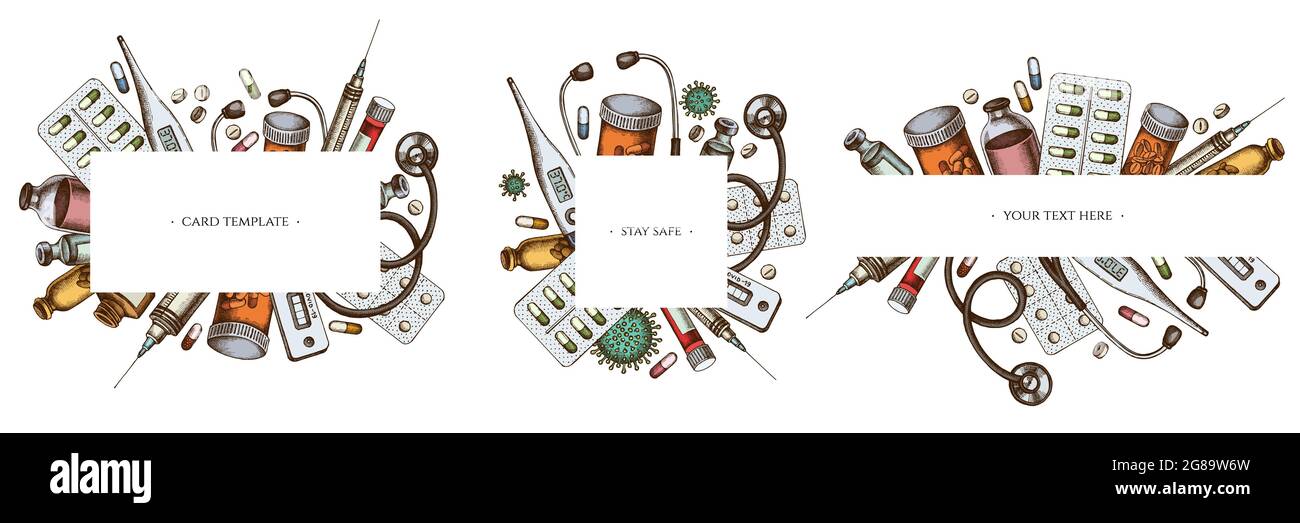 Frames with colored vial of blood, pills and medicines, medical ...