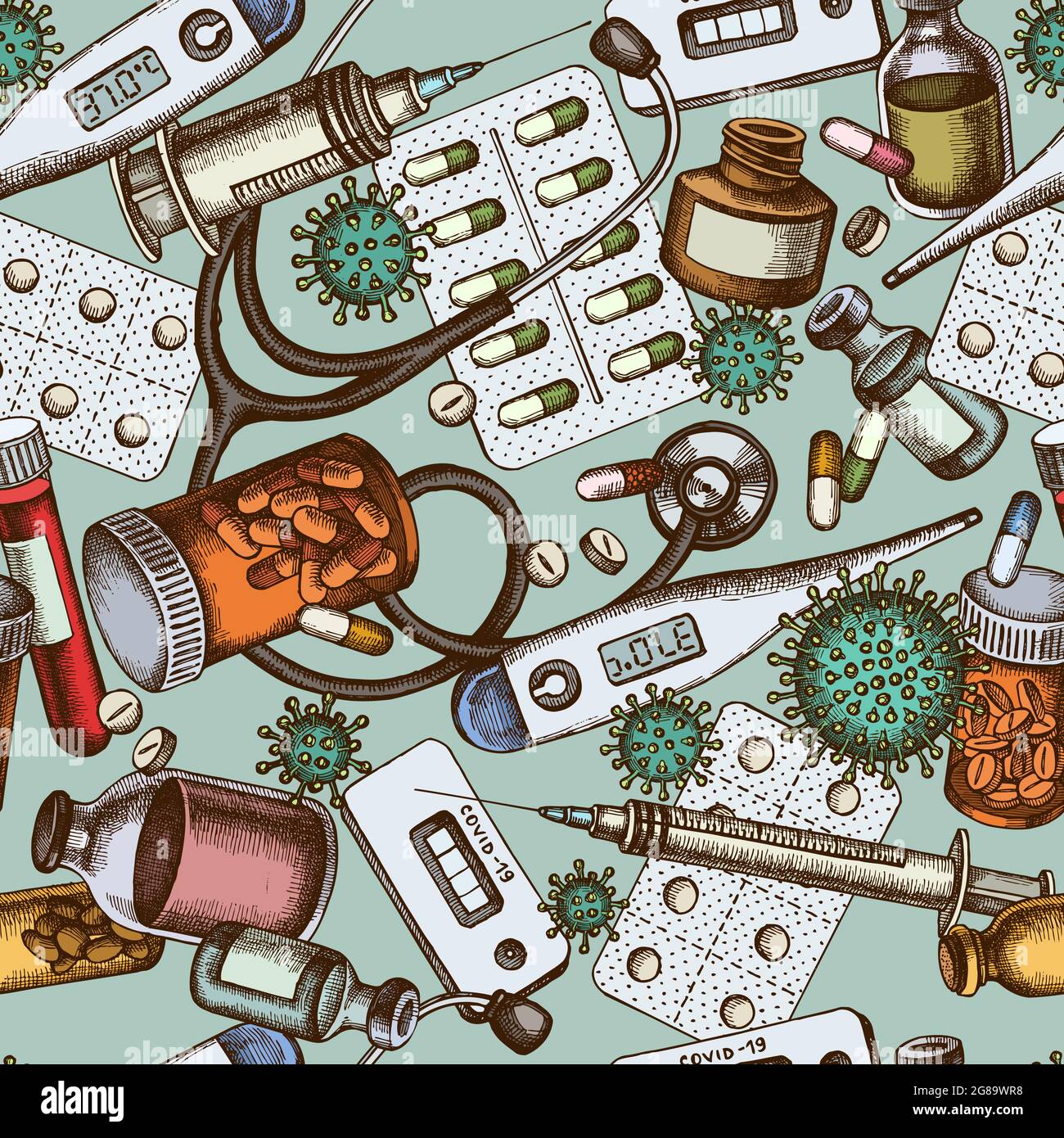 Seamless pattern with hand drawn colored vial of blood, pills and ...
