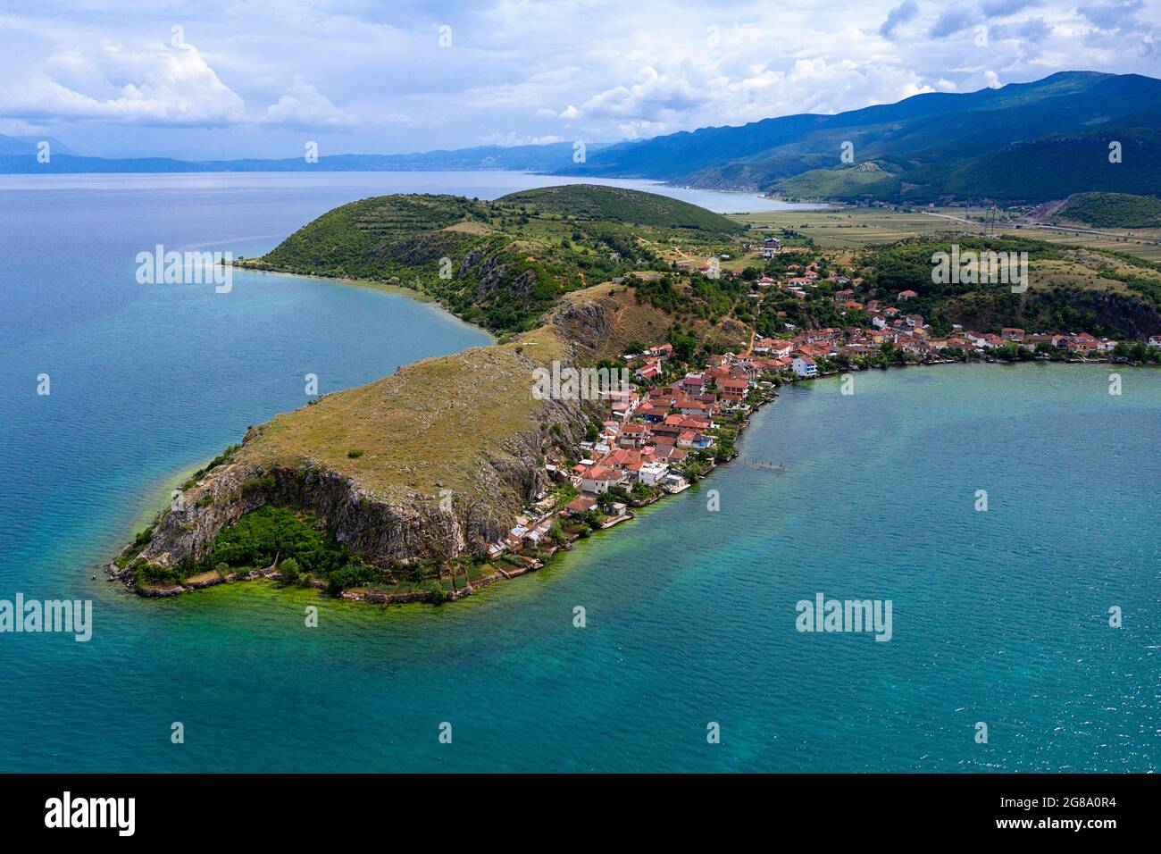 Aerial view of small fishing village of Lin on the shores of Lake Ohrid ...