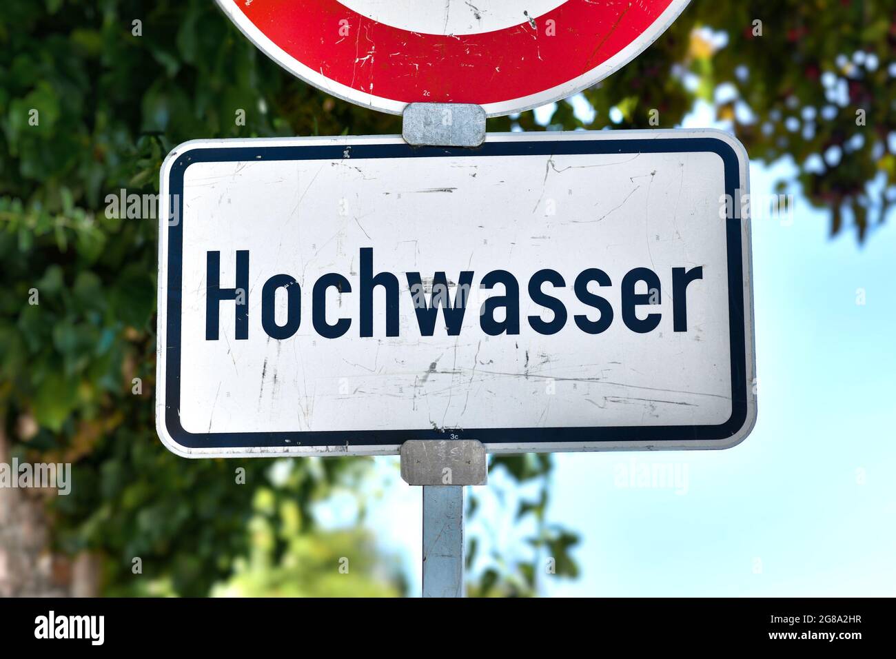 German water flood sign at Rhine river saying 'Hochwasser' Stock Photo ...