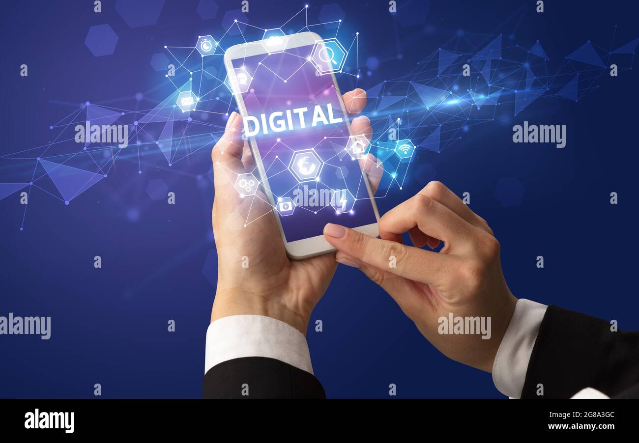 Hand using smartphone with technology concept Stock Photo - Alamy