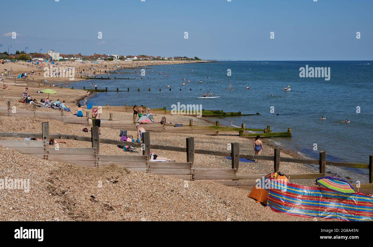 General overview of beach in Felpham, UK, during a warm day in July ...