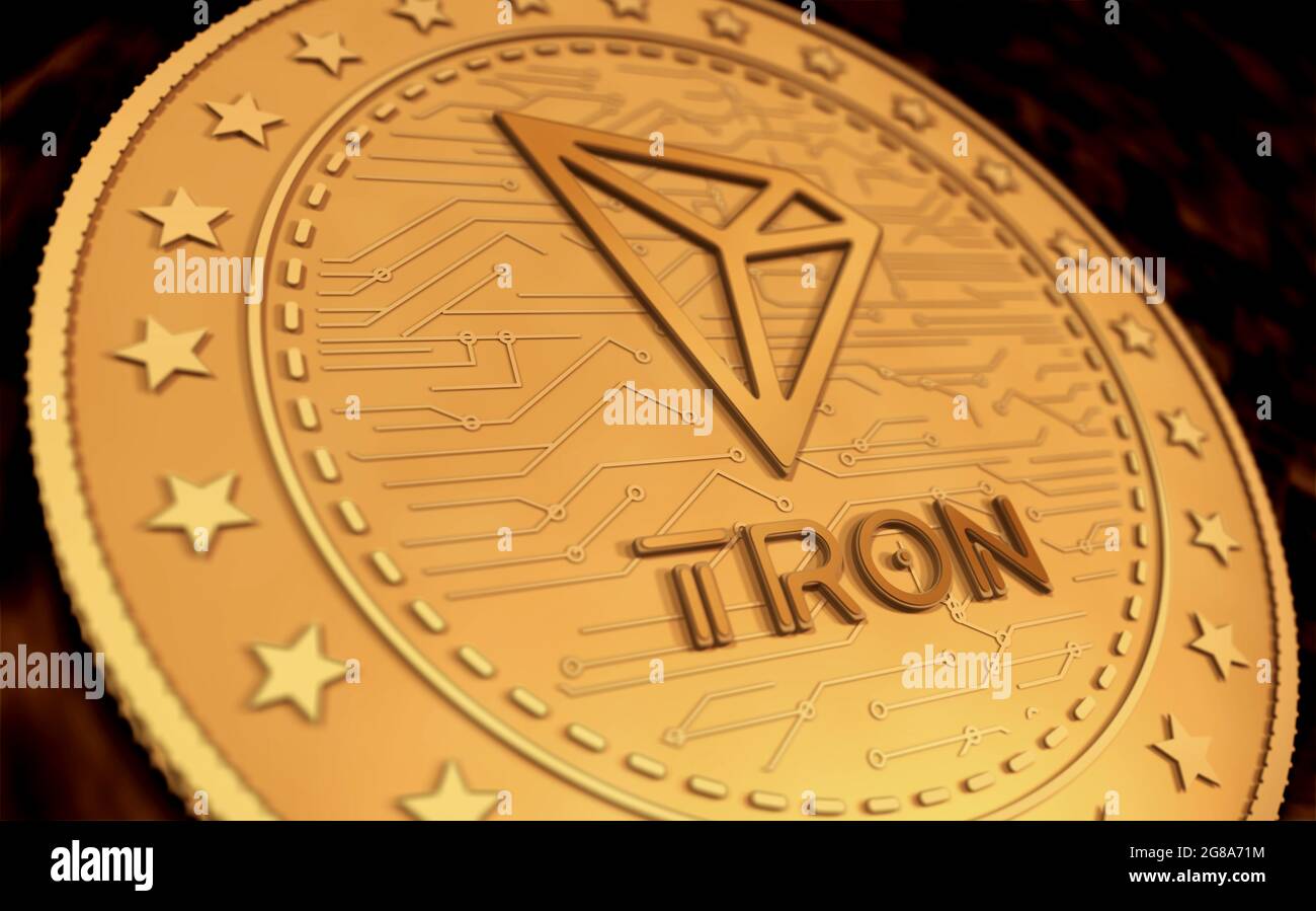 Tron TRX cryptocurrency symbol gold coin on green screen background ...