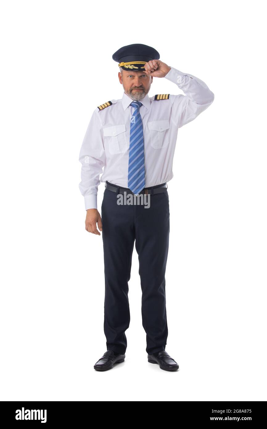 Portrait of confident pilot saluting. Isolated on white background ...