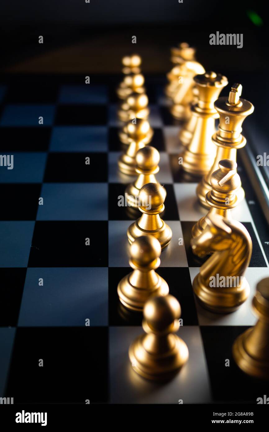 A vertical shot of cool gold chess pieces in the starting position ...