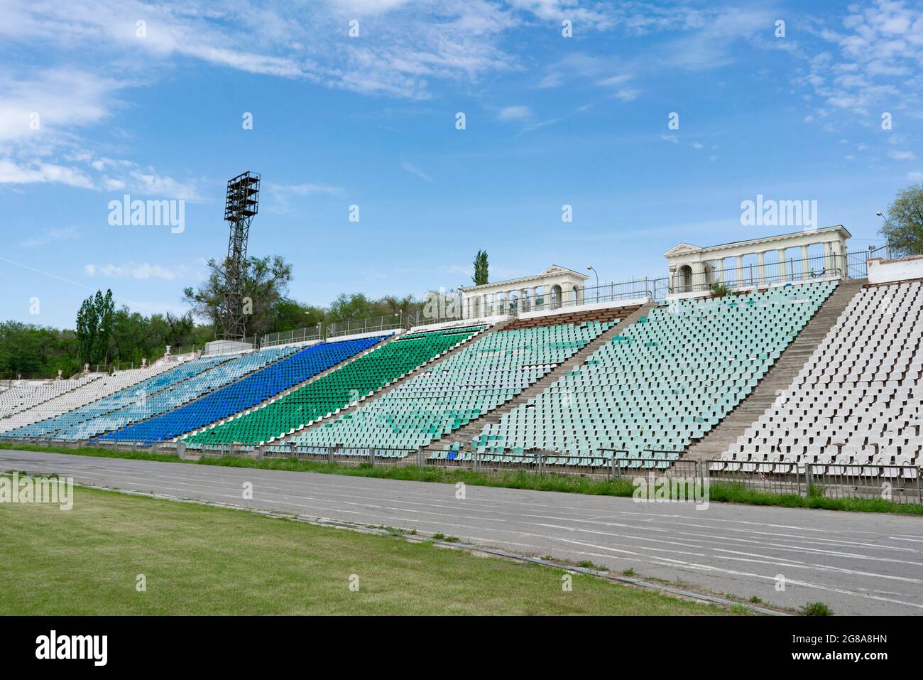 panorama of stadium empty row seats on the open air place before ...