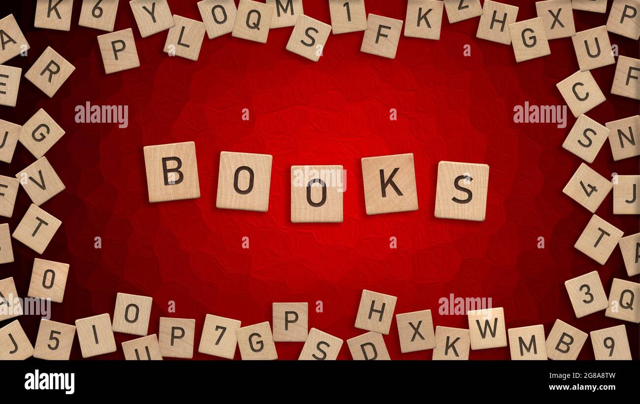 Top view of word Books written with wooden letters with scattered ...