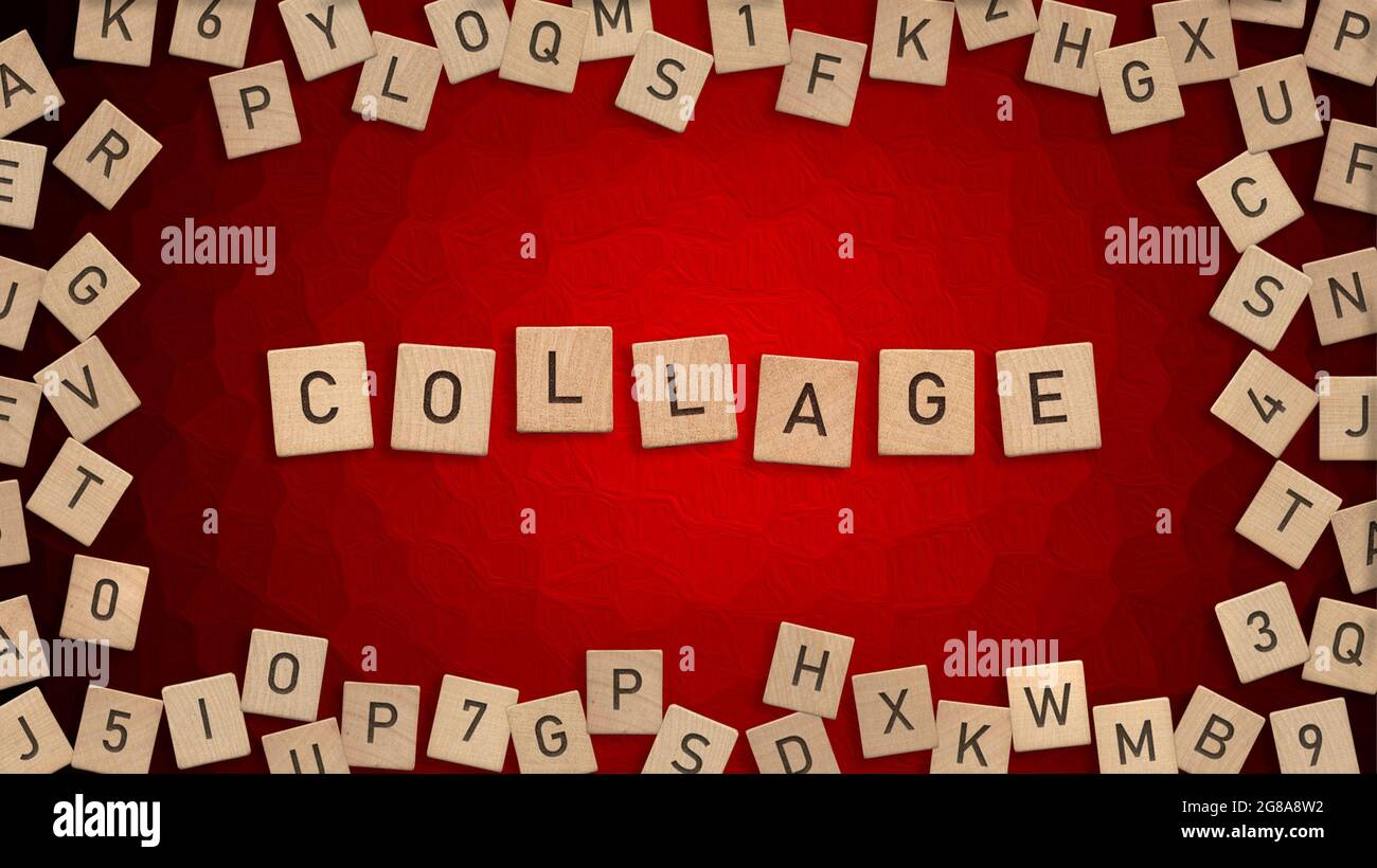 Top view of word Collage written with wooden letters with scattered ...