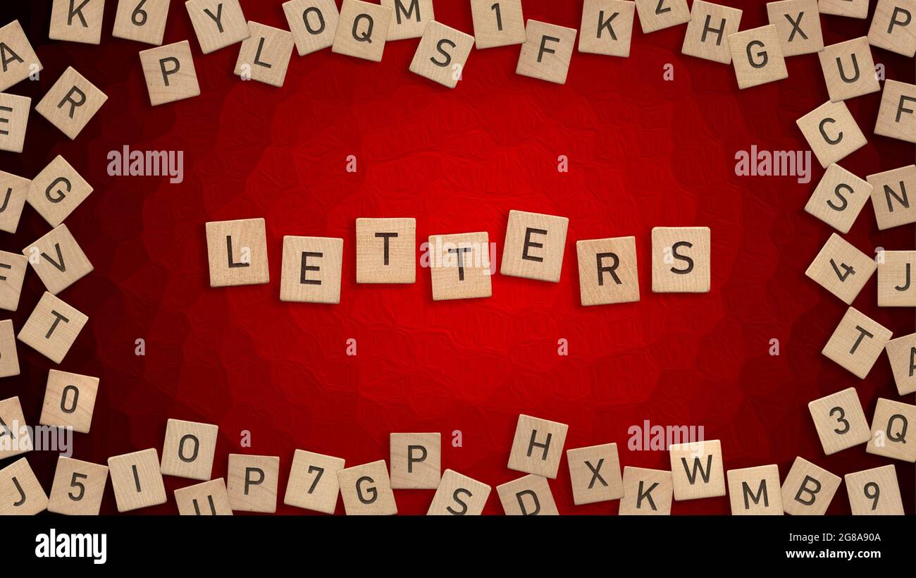 Top view of word Letters written with wooden letters with scattered ...