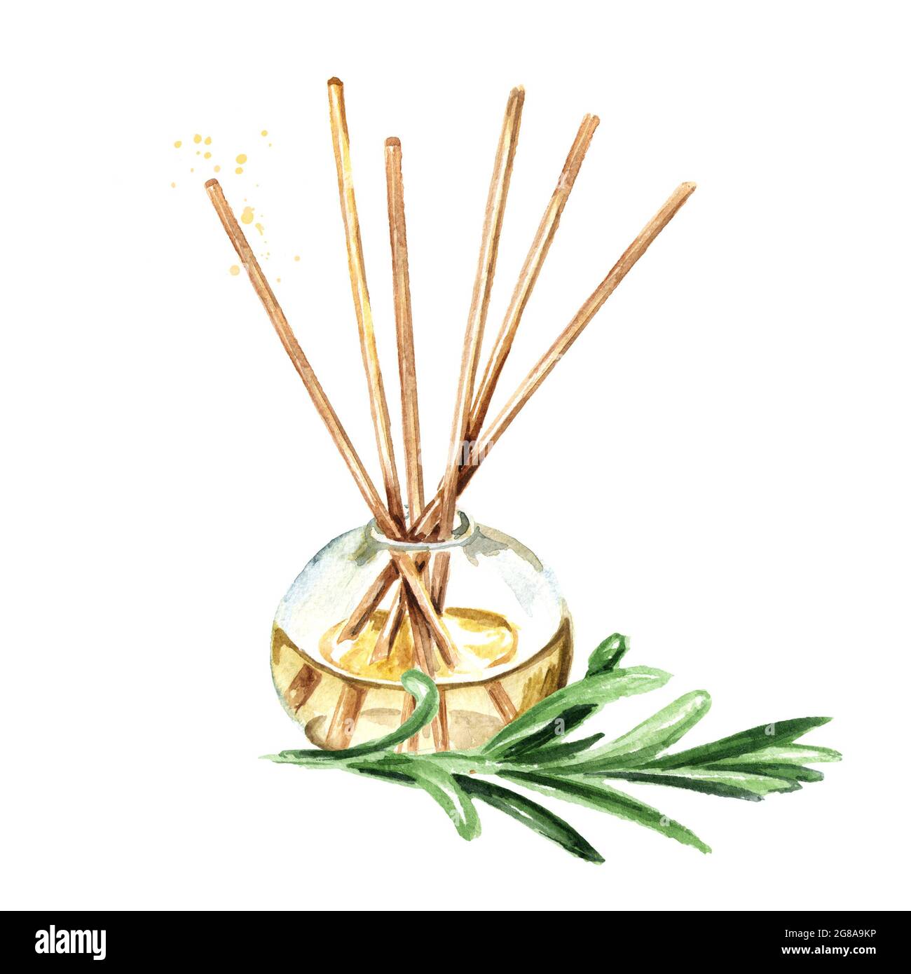 Rosemary liquid in a glass bottle with sticks and a brunch. Freshener ...