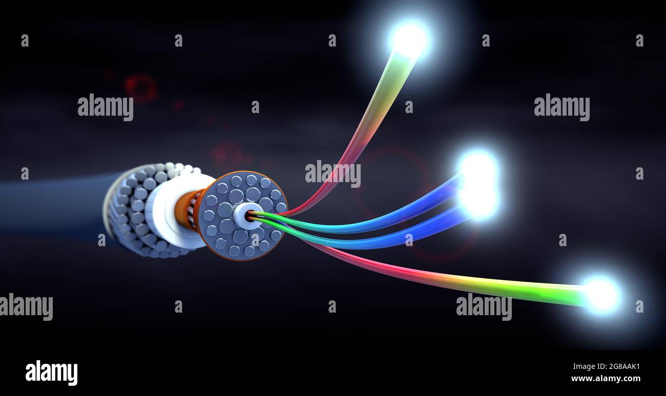 optical light guide cables or fiber optics with open ends shine very ...