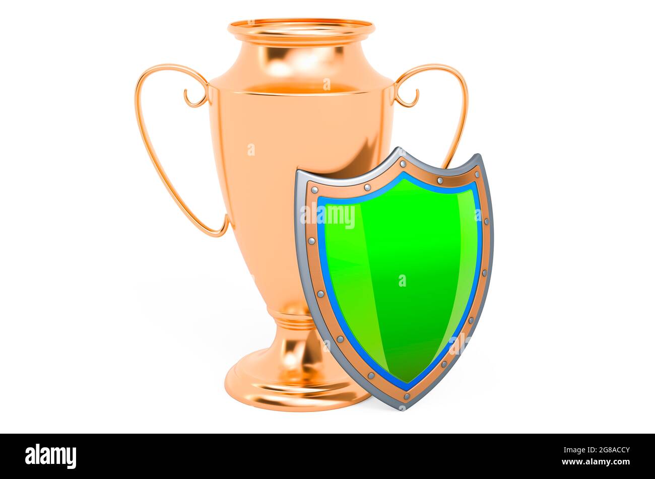 Golden cup award with shield, 3D rendering isolated on white background ...