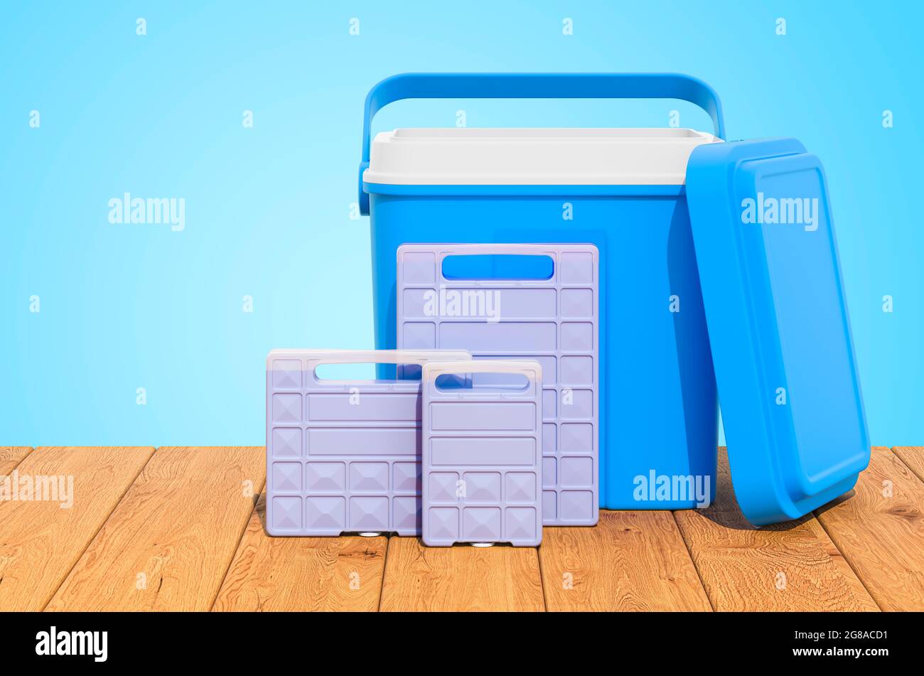 Portable Cool Box on the wooden planks, 3D rendering Stock Photo - Alamy