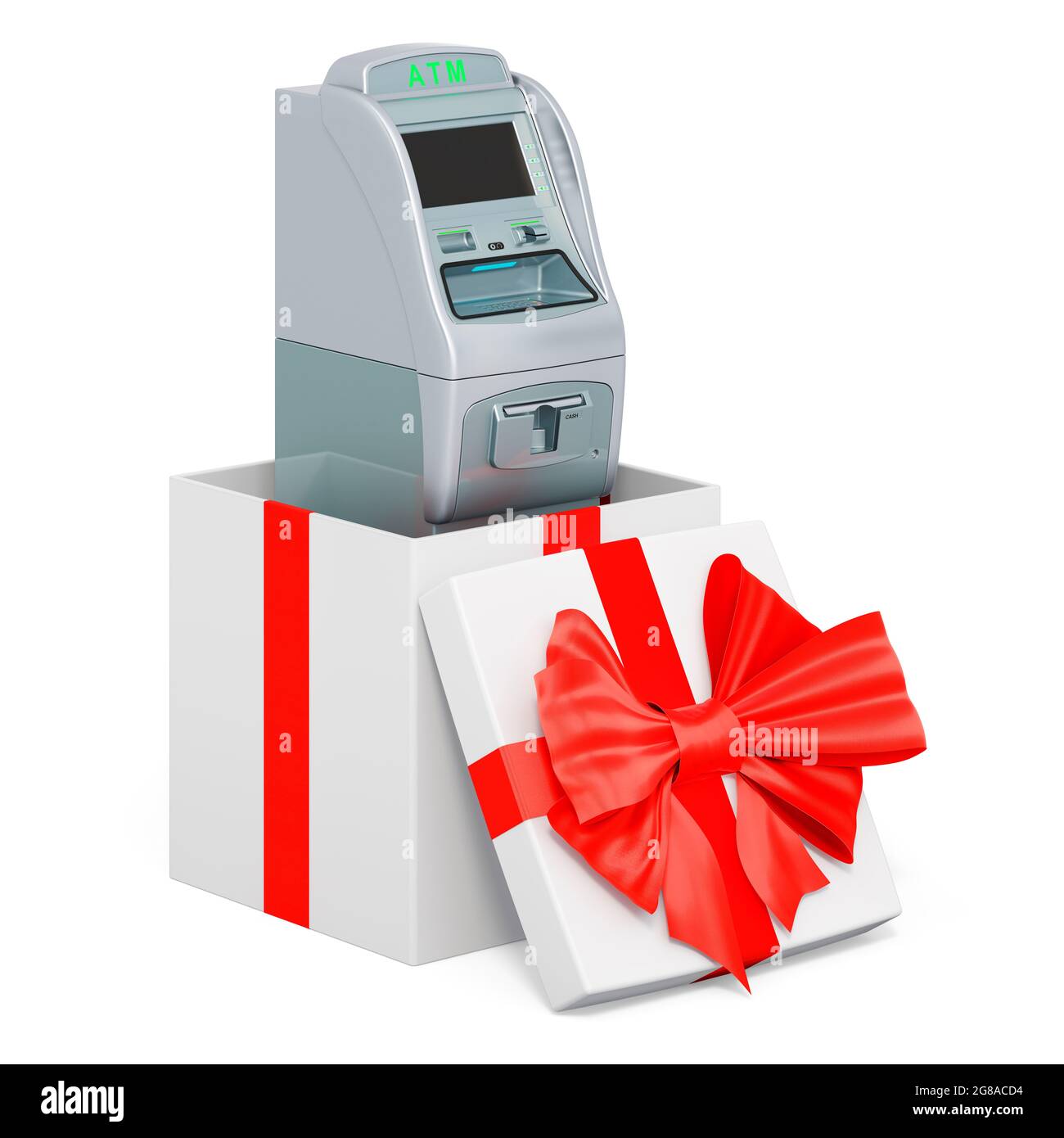 ATM machine inside gift box, gift concept. 3D rendering isolated on ...