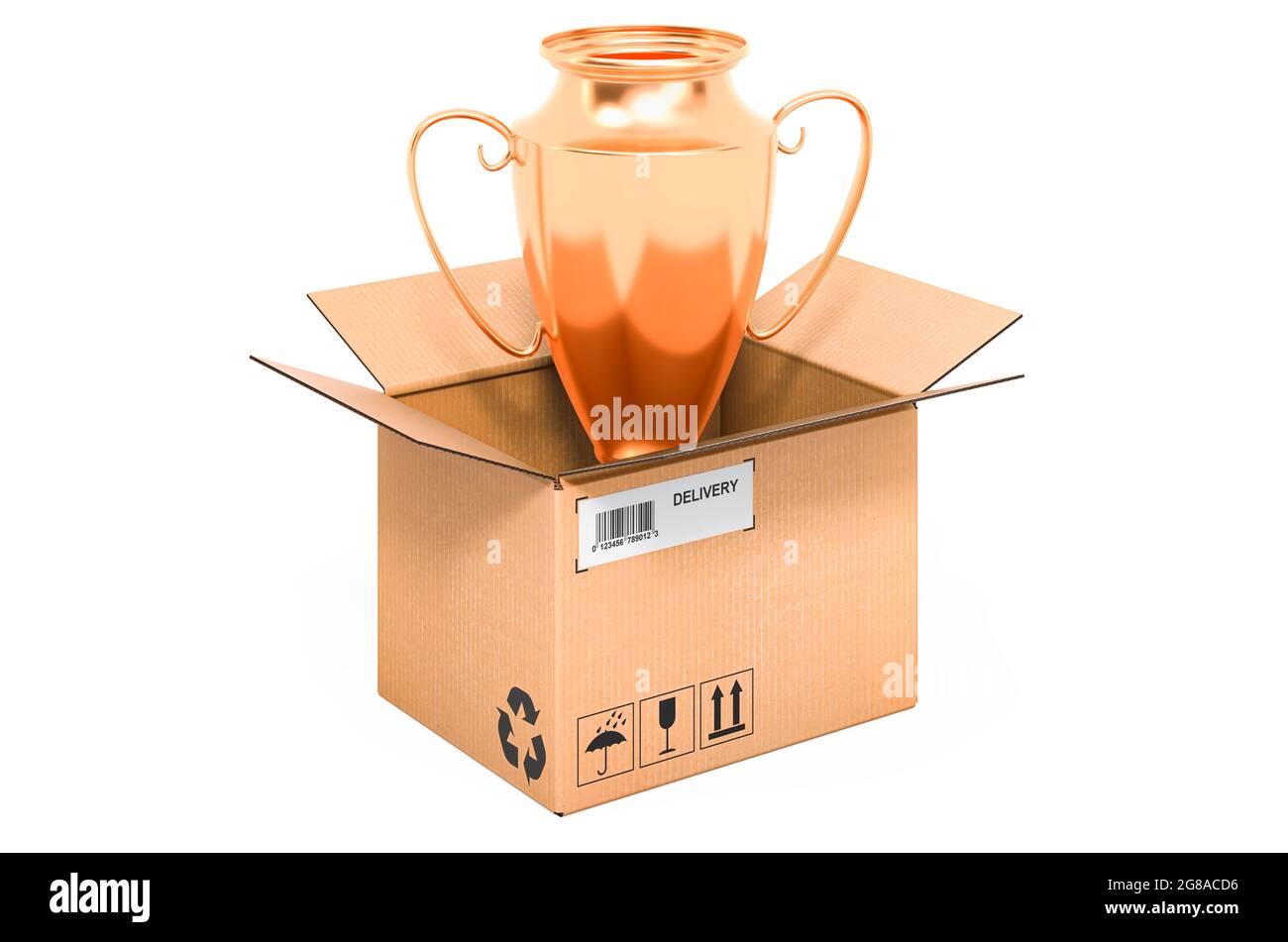 Gold trophy cup award inside cardboard box, 3D rendering isolated on ...