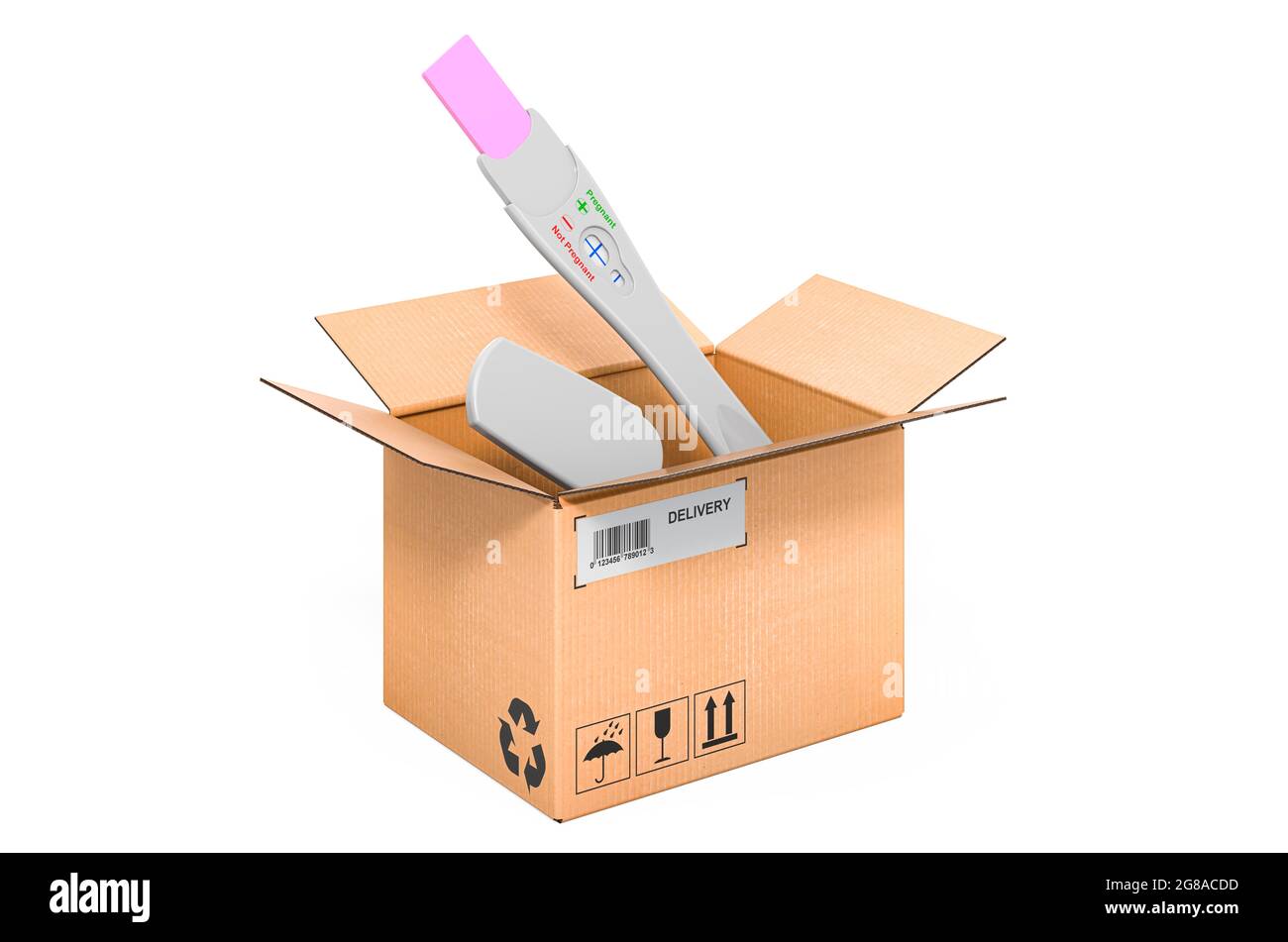 Pregnancy test inside cardboard box, delivery concept. 3D rendering ...