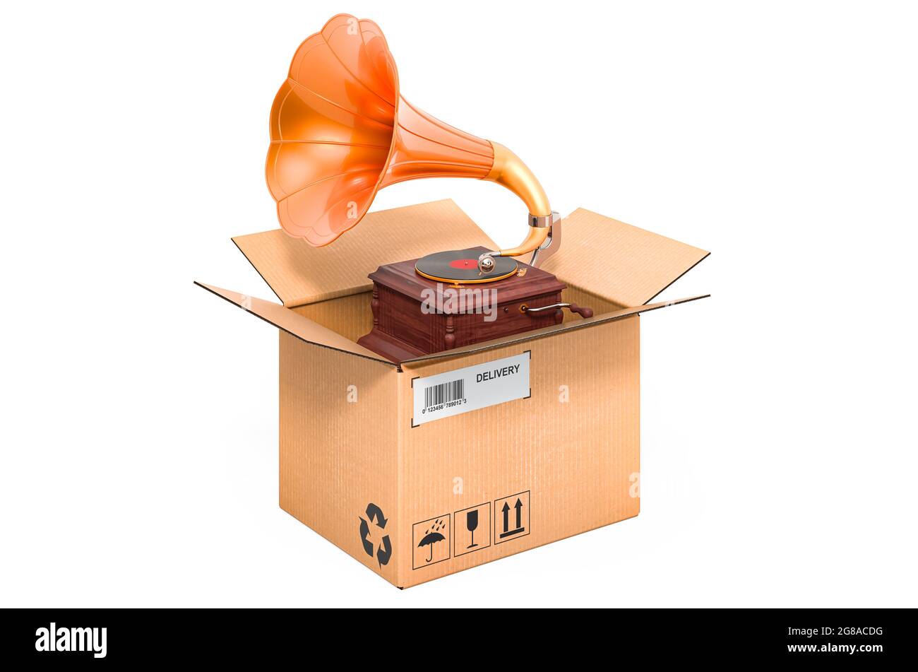 Retro gramophone inside cardboard box, delivery concept. 3D rendering ...