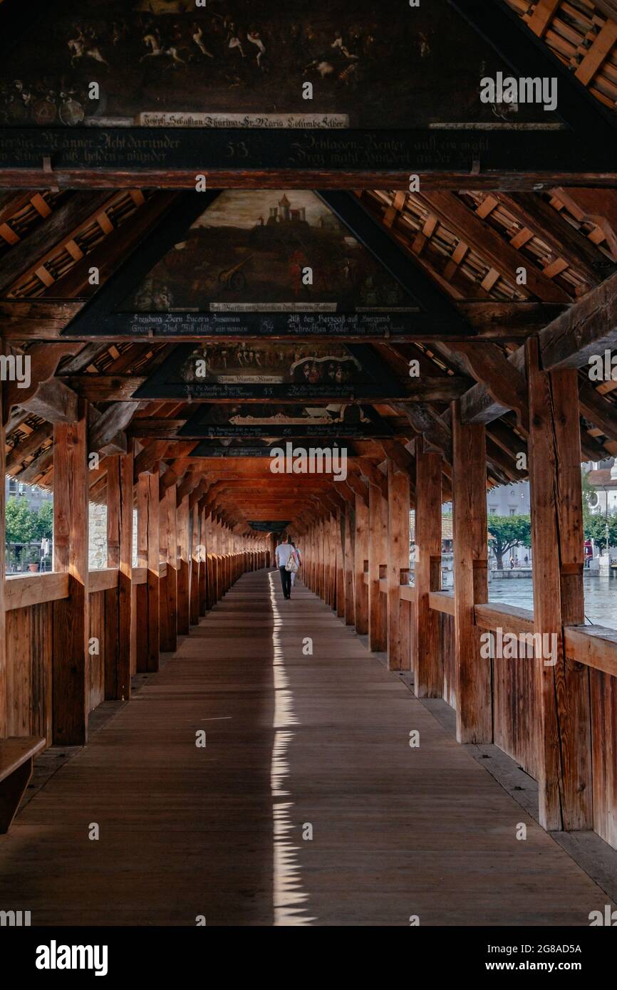 Interior of the famous Chapel Bridge and lake - Canton of Luzern ...