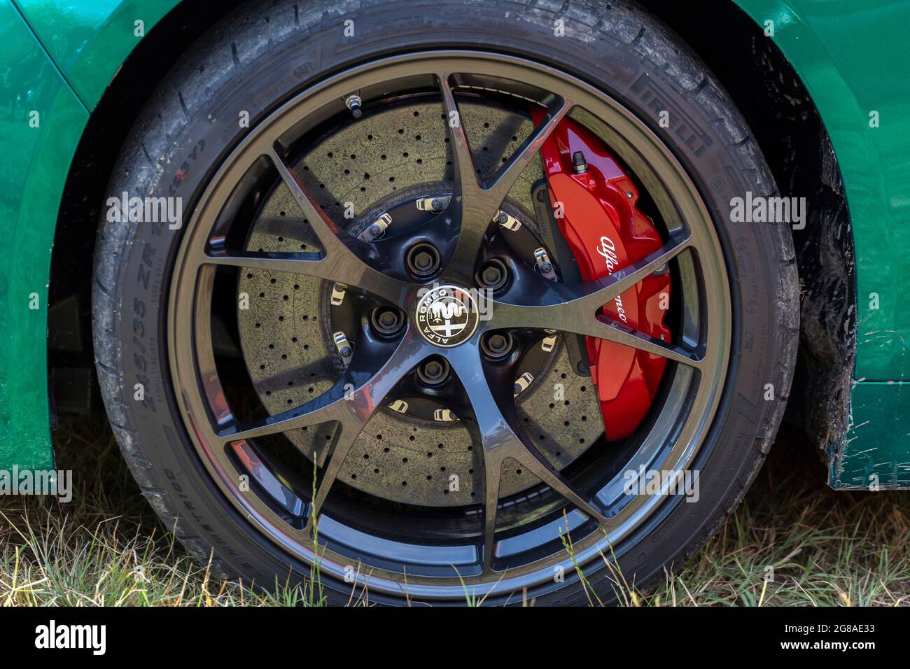 Dunaujvaros, Hungary - 07 17 2021: Alloy wheel of an Alfa Romeo Giulia ...