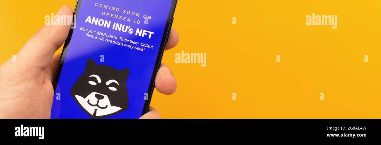 Anon Inu NFT non fungible token banner, man using mobile phone, yellow ...