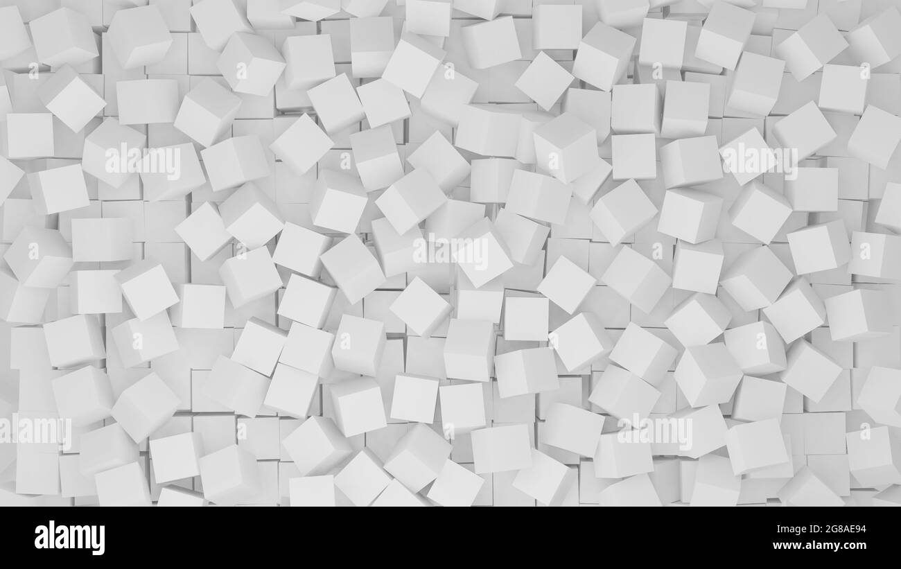 Multiple white cubes arranged randomly forming an abstract background ...
