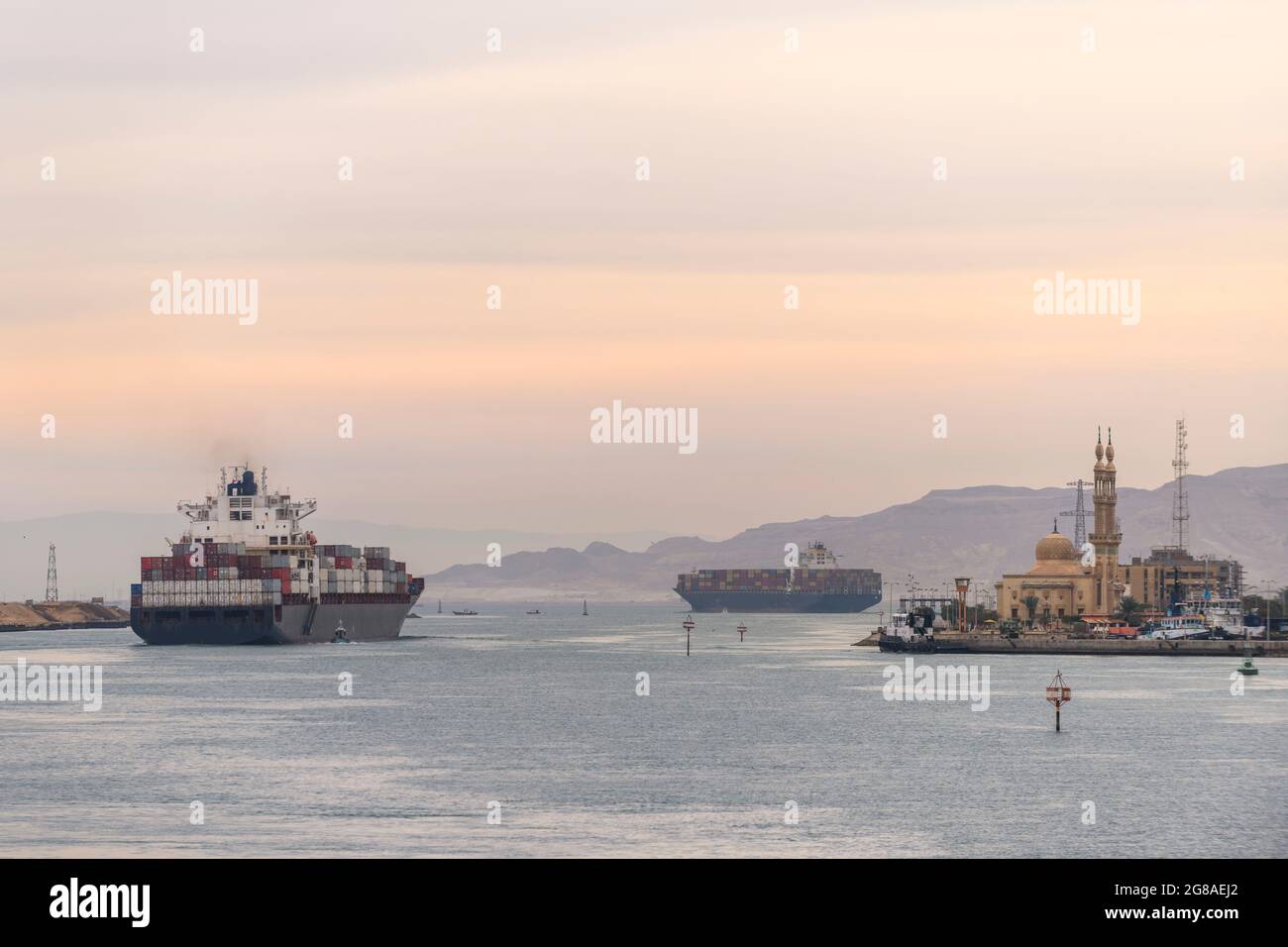 Suez canal transit. View from cargo vessel. Work at sea. Commercial ...