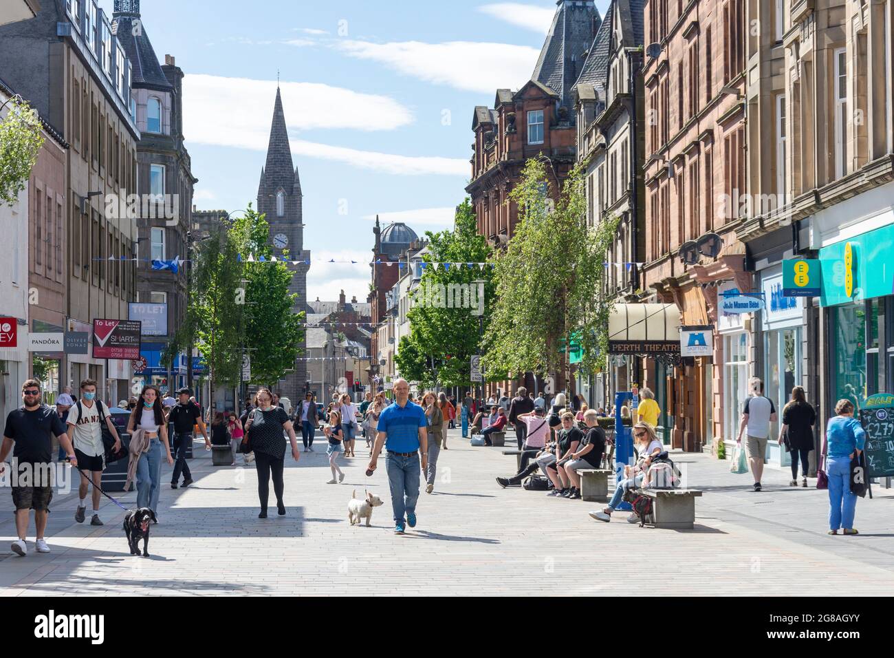 The clock tower shopping street shops pedestrianised hi-res stock ...