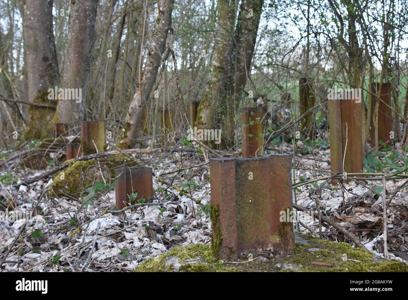 Anti-tank barrier or obstacles made from steel rail and buried to the ...