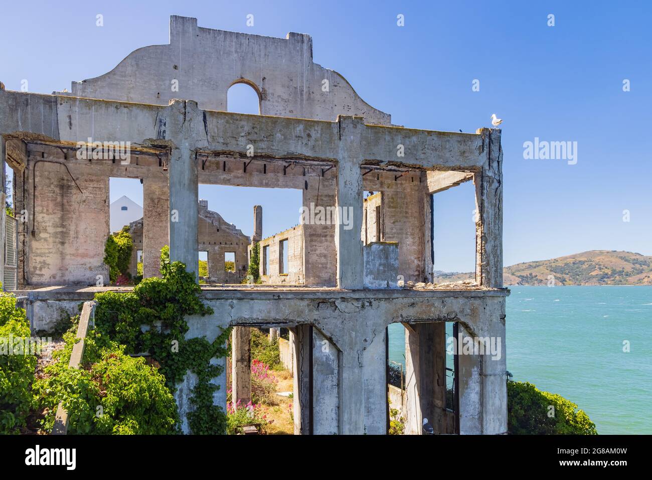 Sunny view of some historical building in Alcatraz island at California ...