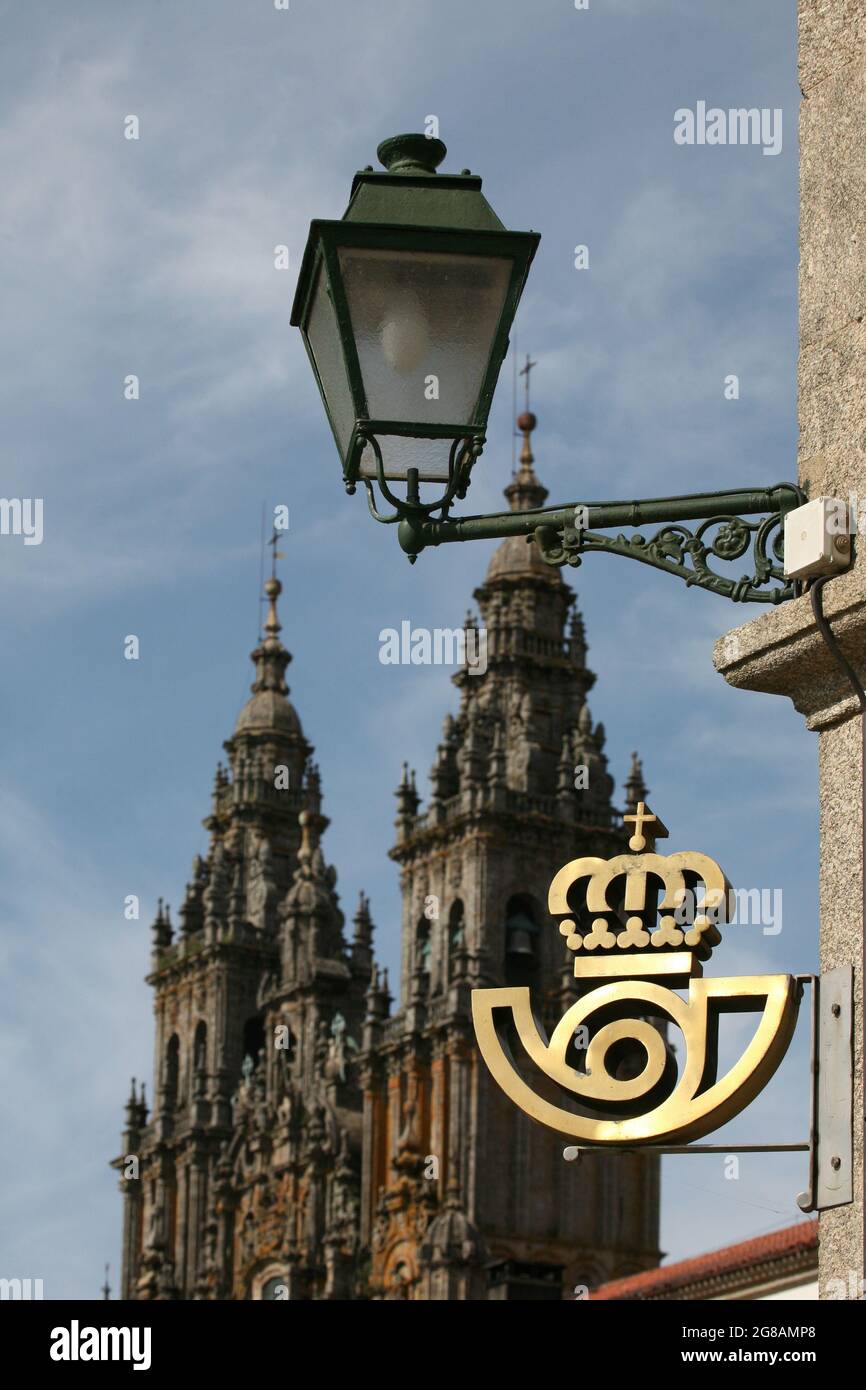 Sign of the Correos (Spanish postal service) in front of the Cathedral ...