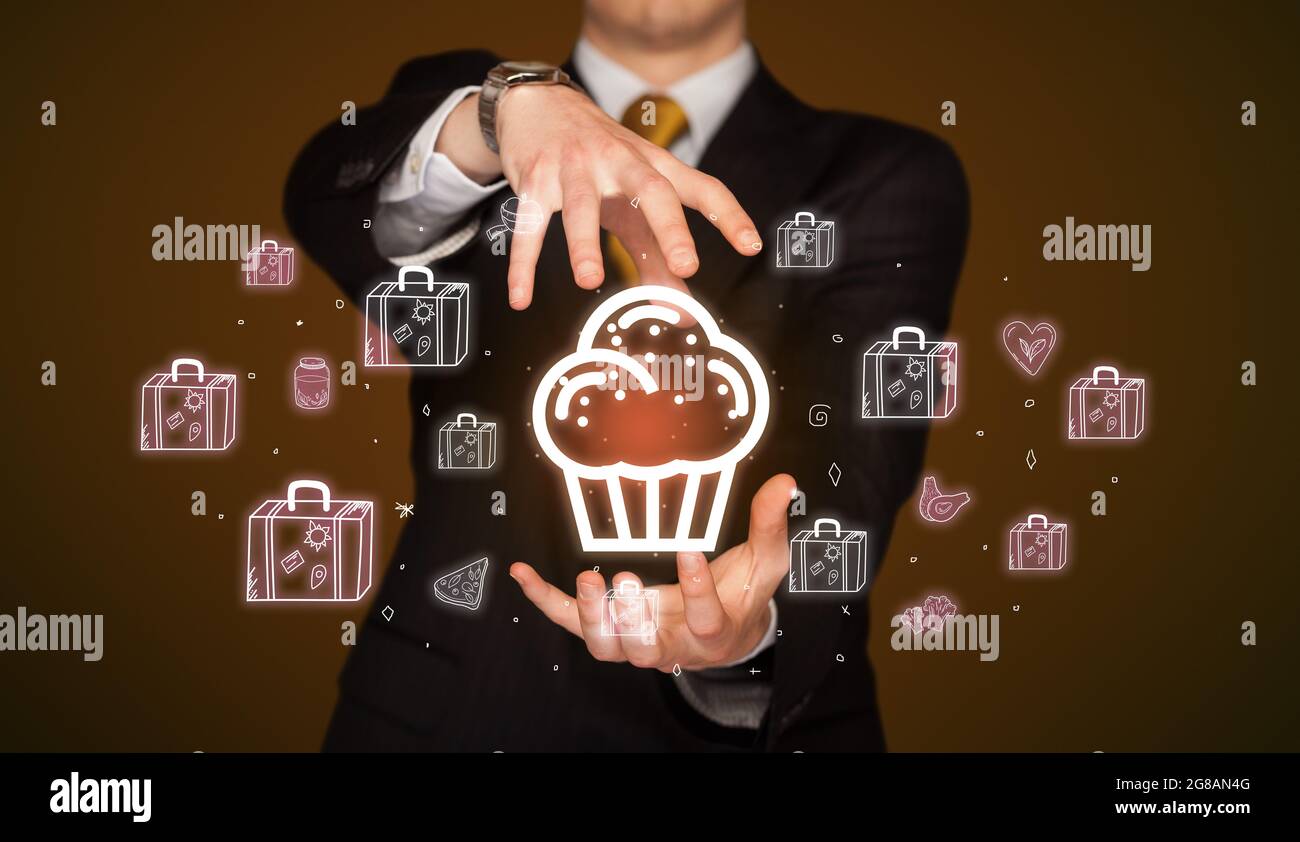 Hand holding food related icons Stock Photo - Alamy