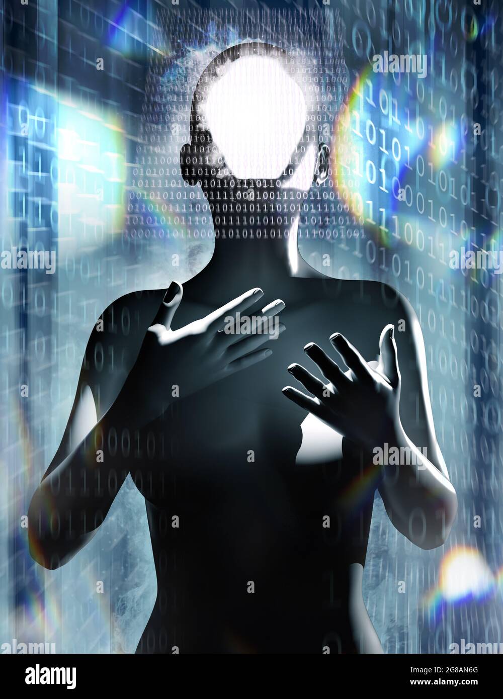 3d render illustration of female robot figure standing on binary code ...