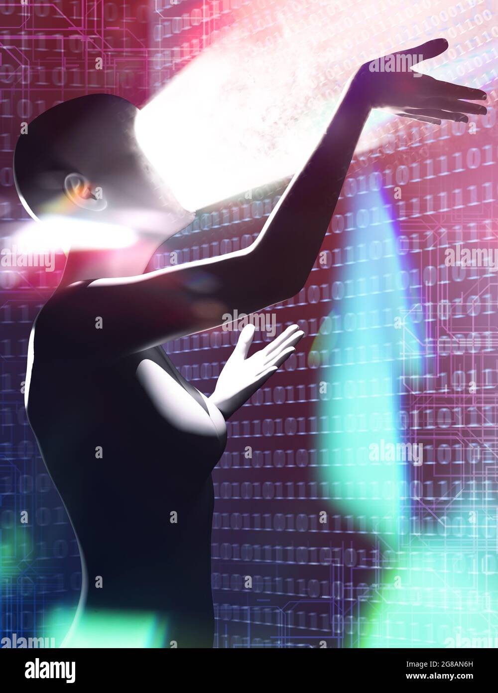 3d render illustration of female robot figure standing and hacking ...