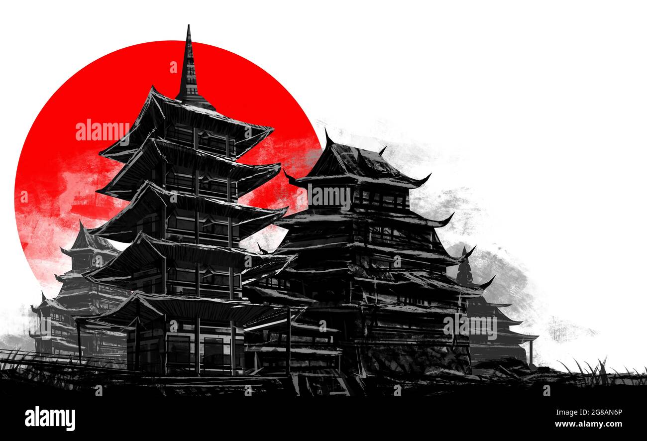 Illustration artwork of ancient drawn japanese city buildings on white ...