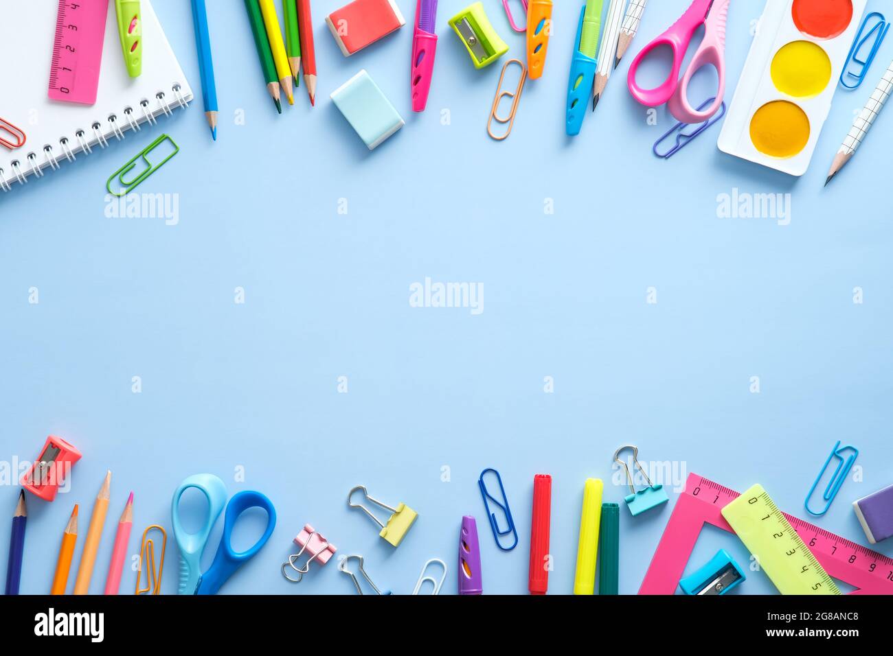 School supplies double border frame on blue background. Back to school ...