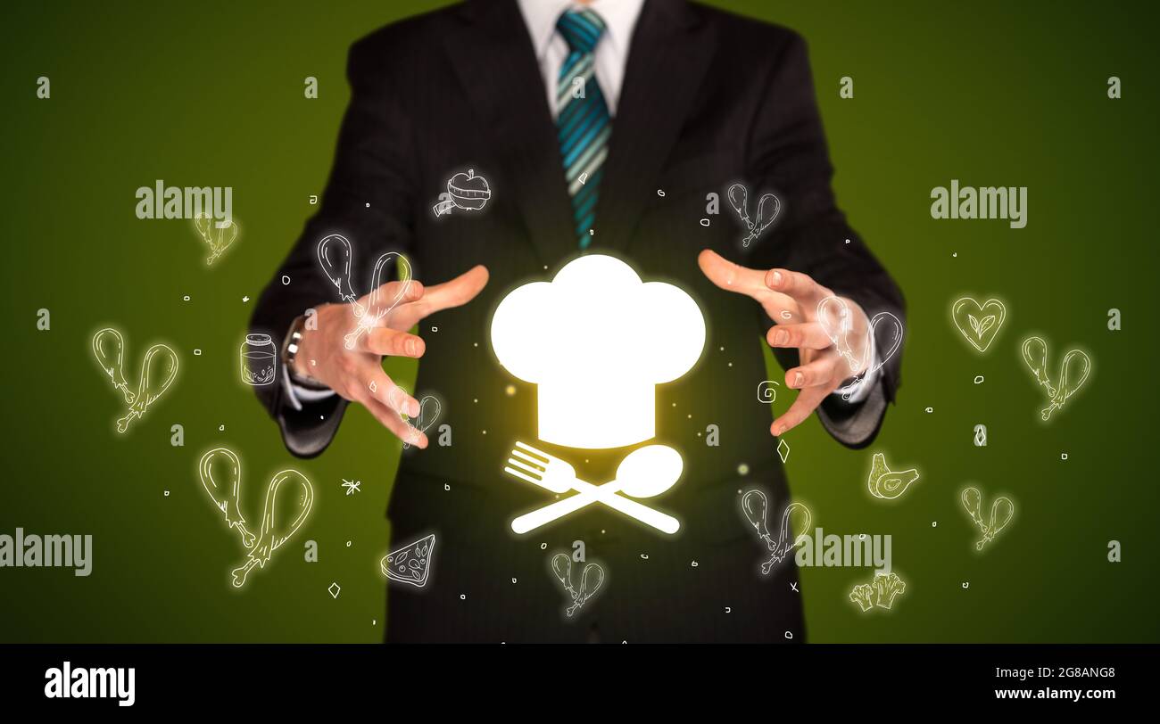 Hand holding food related icons Stock Photo - Alamy