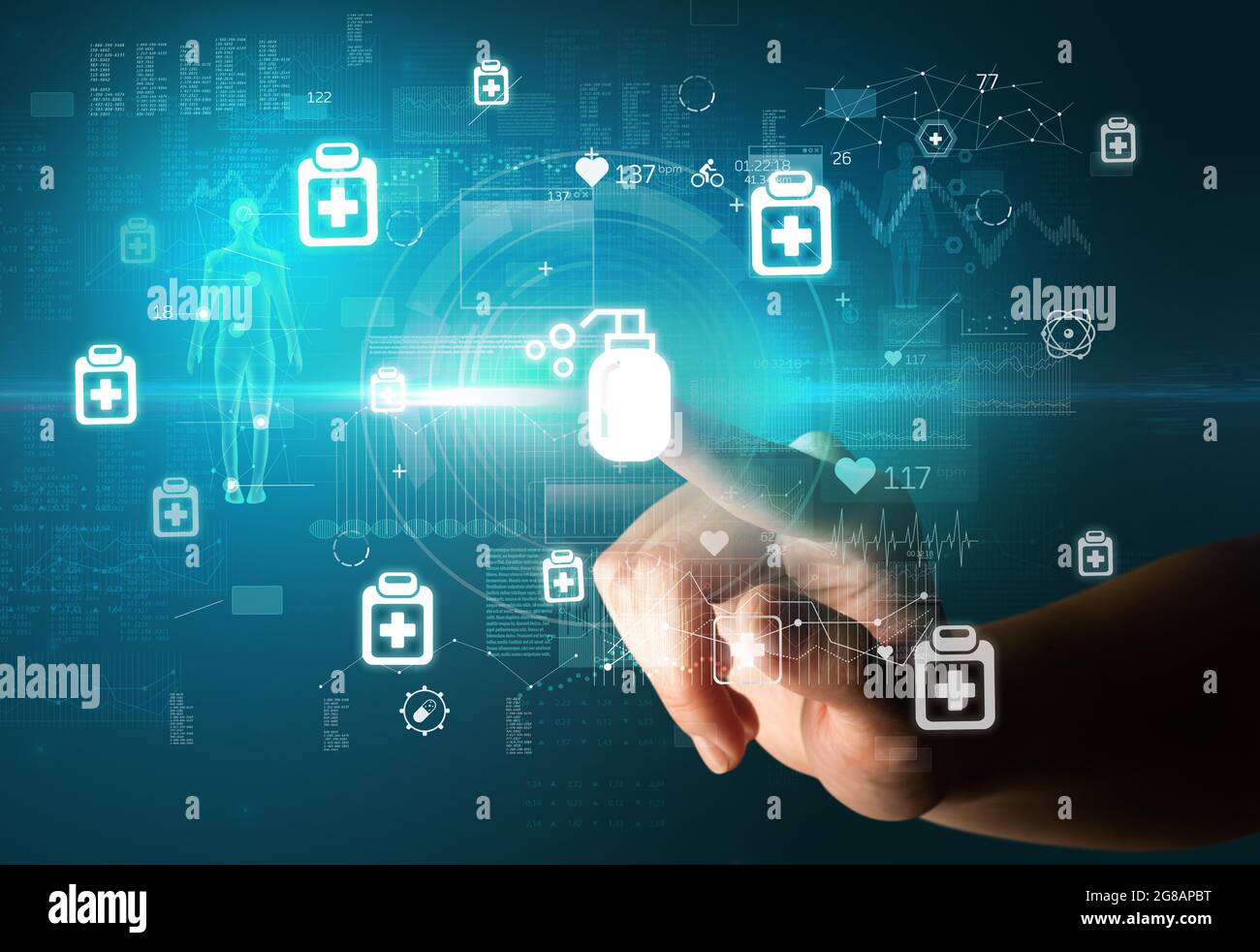 Doctor hand pressing futuristic health device with medical symbol on screen Stock Photo - Alamy
