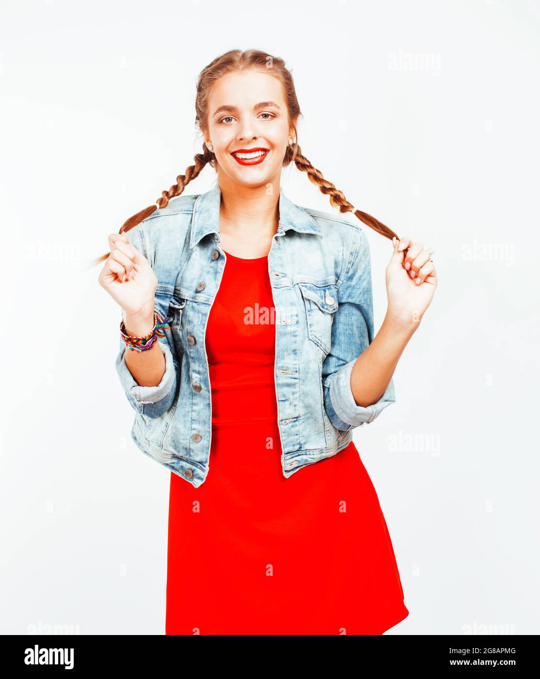 young pretty stylish hipster girl posing emotional isolated on white ...