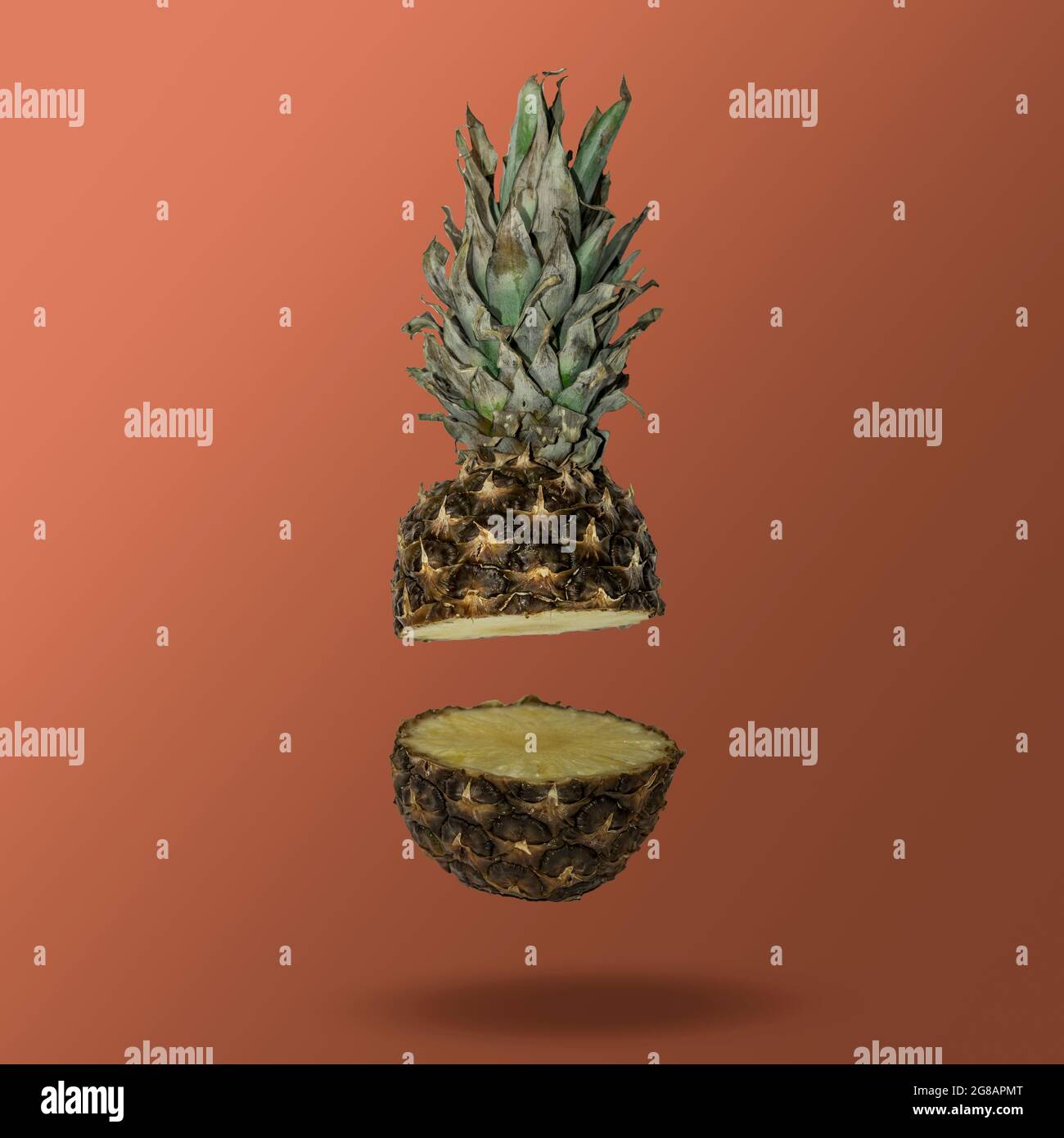 Sliced pineapple floating in the air on trendy pantone rust background ...